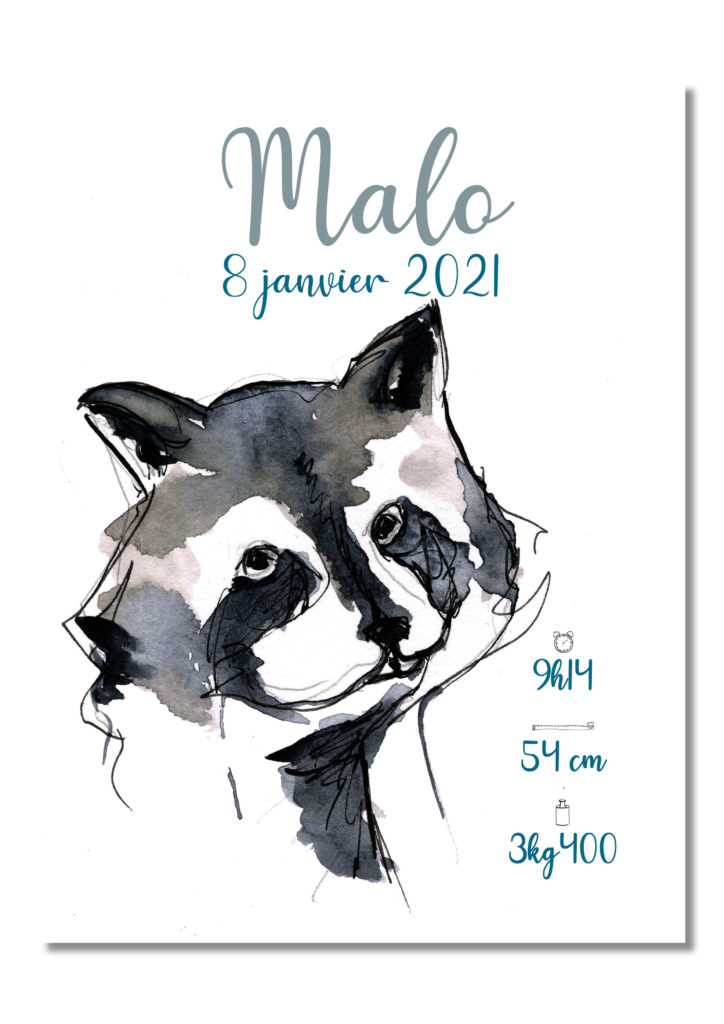 Affiche naissance Raton laveur - Papier ananas